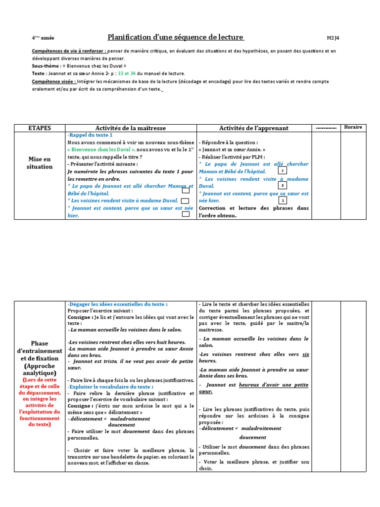 Séquence de lecture : Duval en 4ème année | PDF | Arts du langage et ...