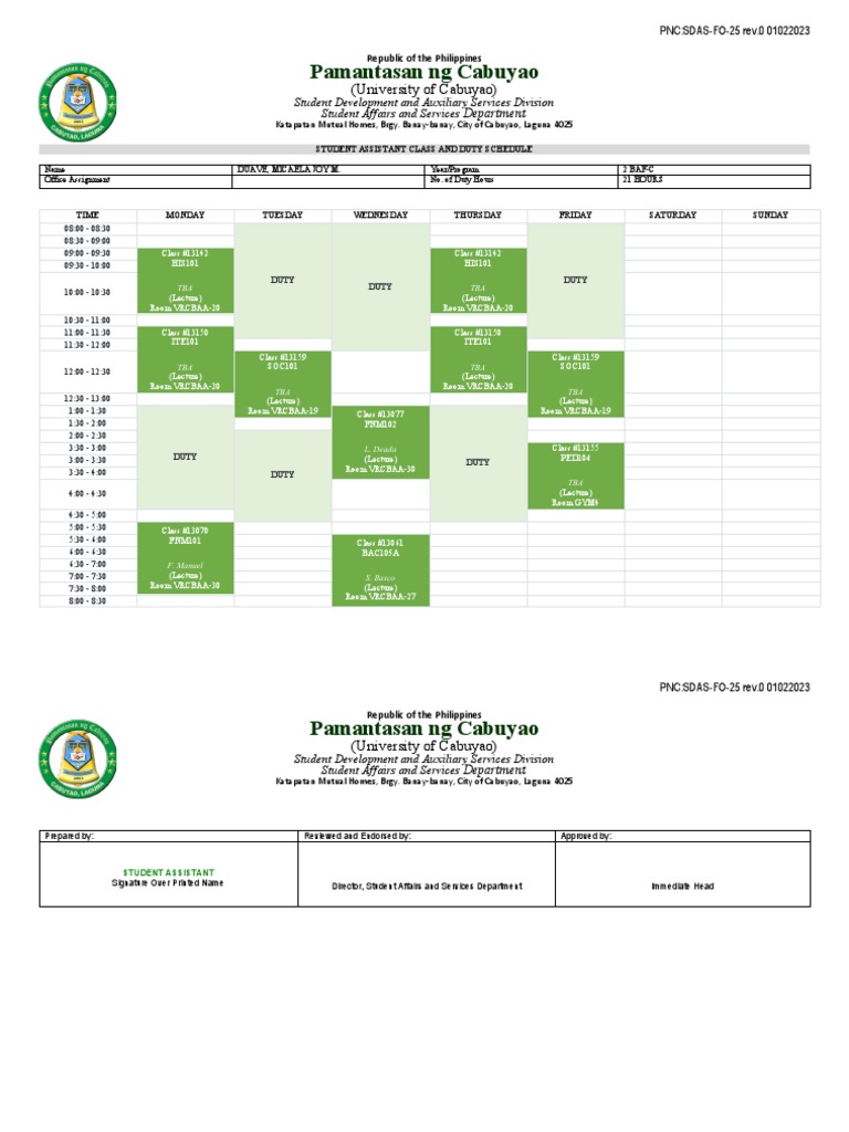 Student Duty Schedule | PDF