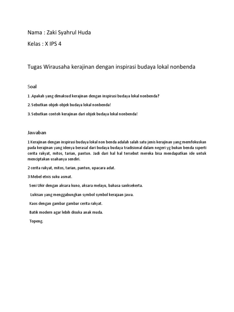 Nama: Zaki Syahrul Huda Kelas: X IPS 4 | PDF | Ilmu Sosial | Seni