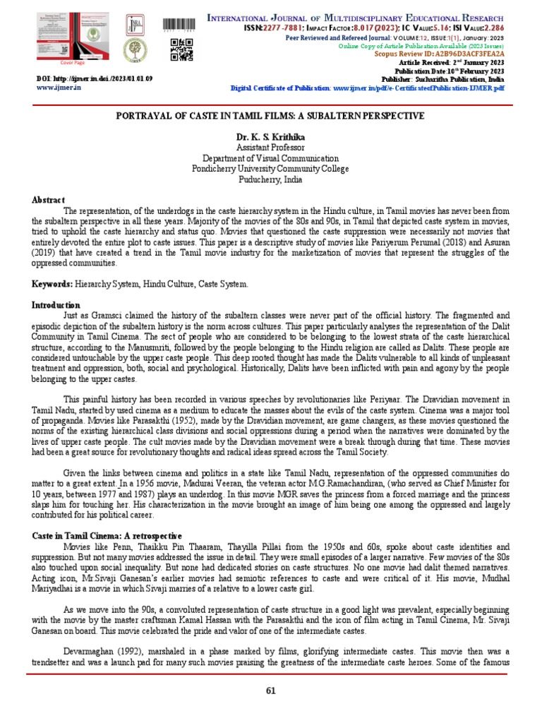 Portrayal of Caste in Tamil Films: A Subaltern Perspective | PDF | Dalit