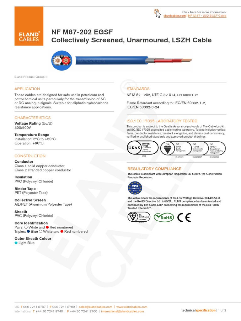 NF M 87 202 Egsf Collectively Screened Unarmoured LSZH Cable | PDF ...