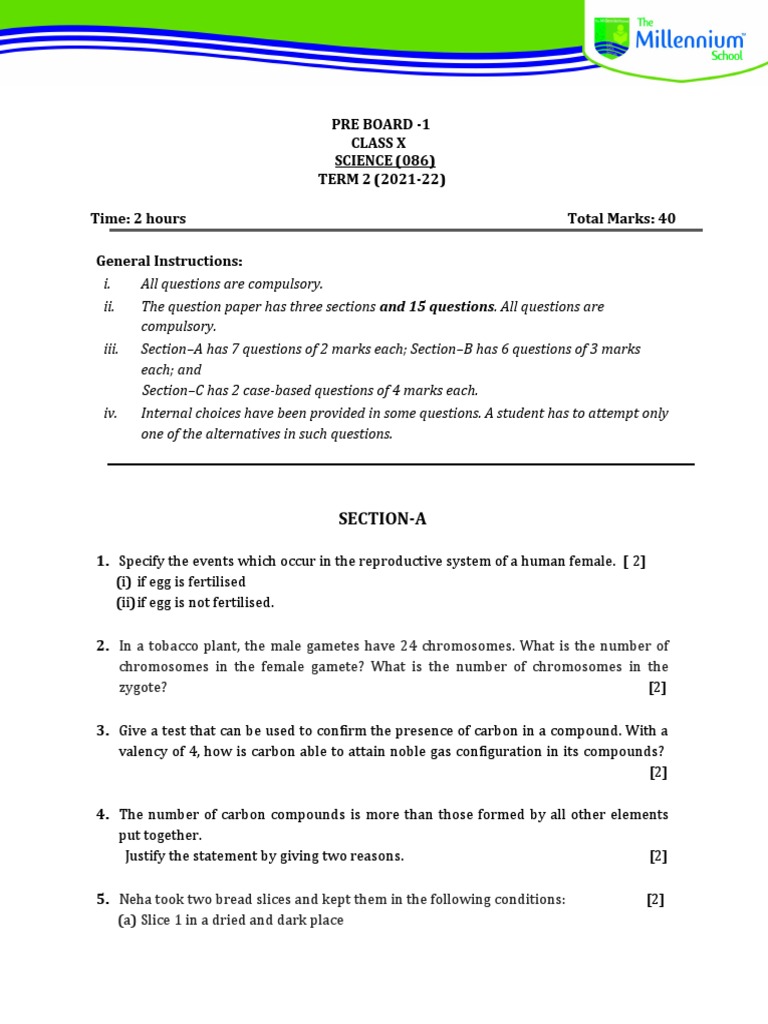 X Science Term-2 Preboard-1 QP | PDF | Chemical Compounds | Periodic Table