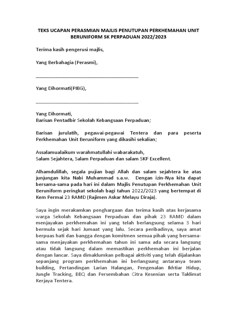 Teks Ucapan Perasmian Majlis Penutup Perkhemahan | PDF | Karier ...