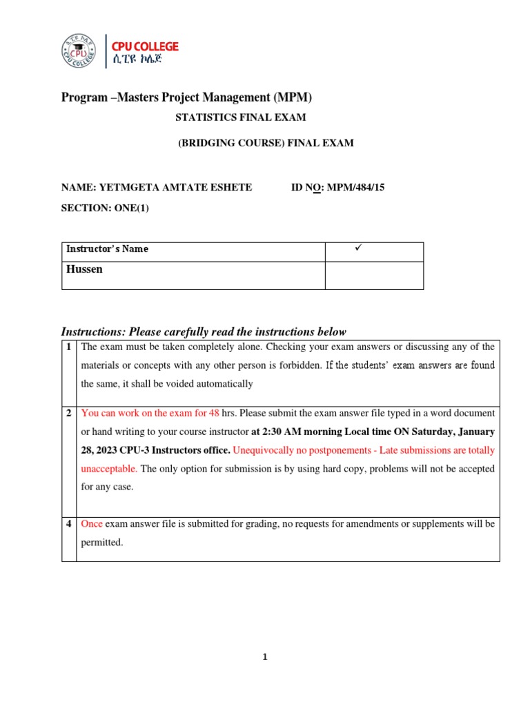 STATISTICS FINAL EXAM (MPM) Answer Sheet | PDF | Sampling (Statistics) | Statistics