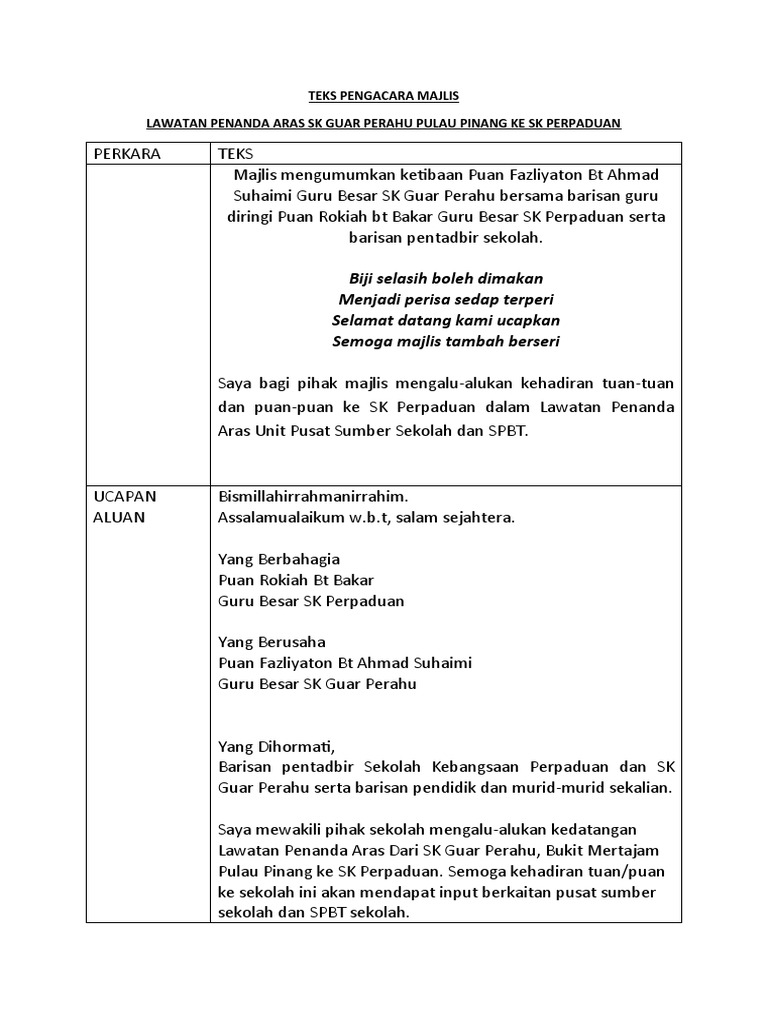 Teks MC Lawatan Penanda Aras | PDF