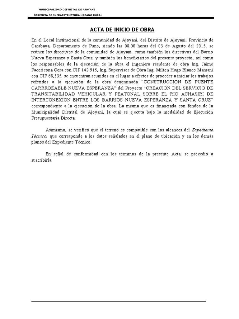 Acta de Inicio de Obra | PDF