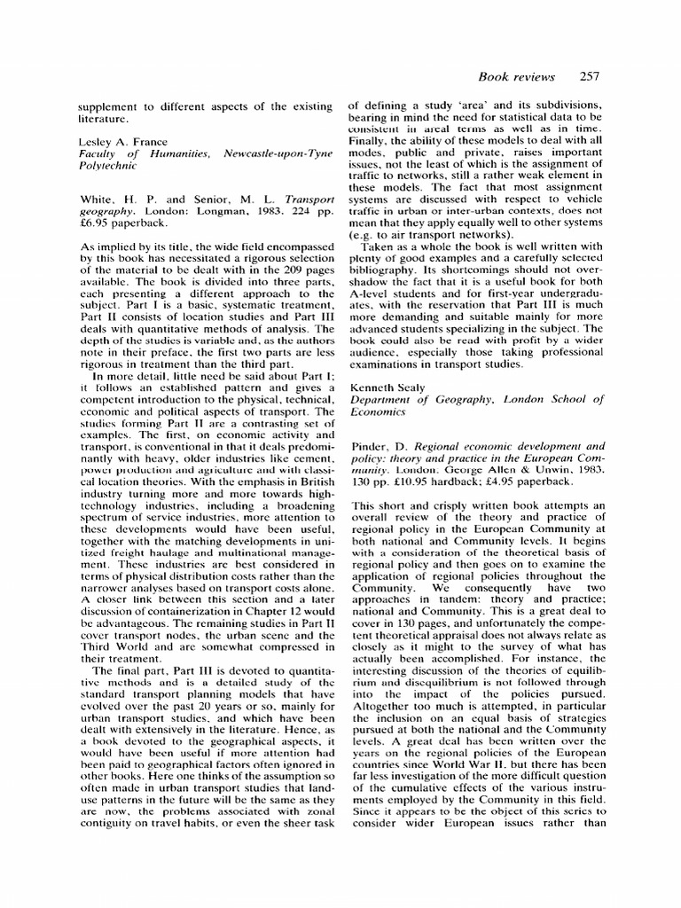 Transport Geography White H P and Senior M L London Longman 1983 | PDF ...