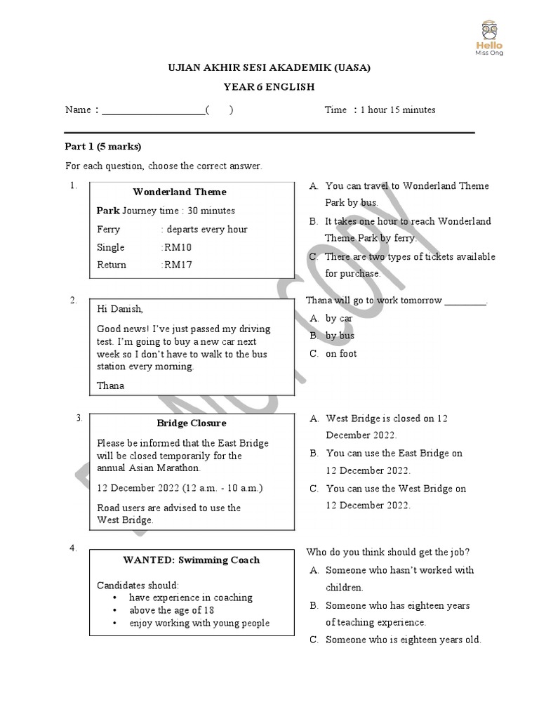 (MS Ong) Y6 Uasa Practice Test With Answers | PDF