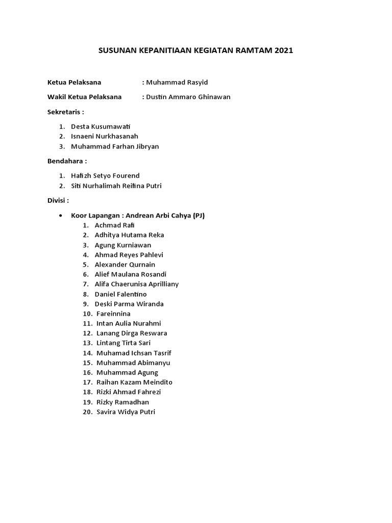 Susunan Kepanitiaan Kegiatan Ramtam 2021 | PDF