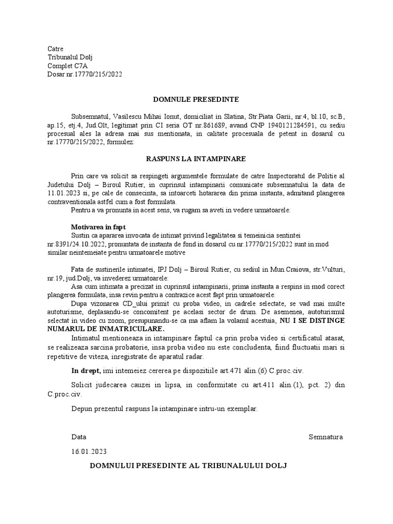 Raspuns La Intampinare Dosar Contraventie | PDF