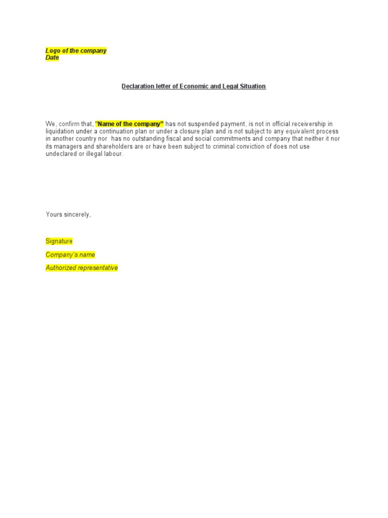 Declaration Letter of Economic and Legal Situation | PDF | Business ...