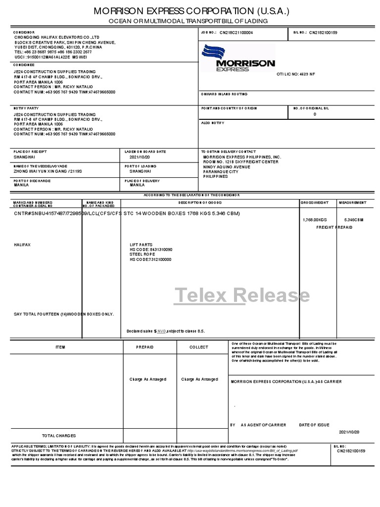 Telex Release: Morrison Express Corporation (U.S.A.) | PDF | Bill Of ...