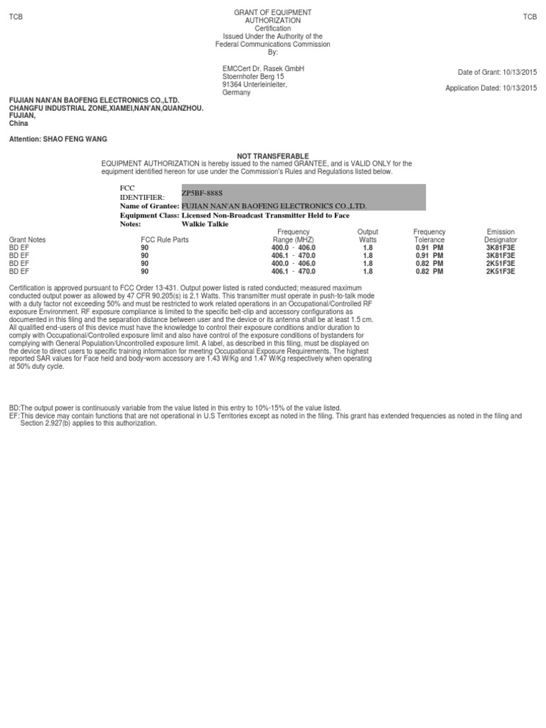 Bf-888s-Tcb FCC Id Zp5bf-888s 1 | PDF | Federal Communications Commission | Transmitter