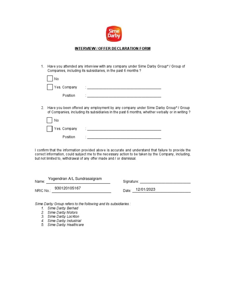 Interview Offer Declaration Form | PDF