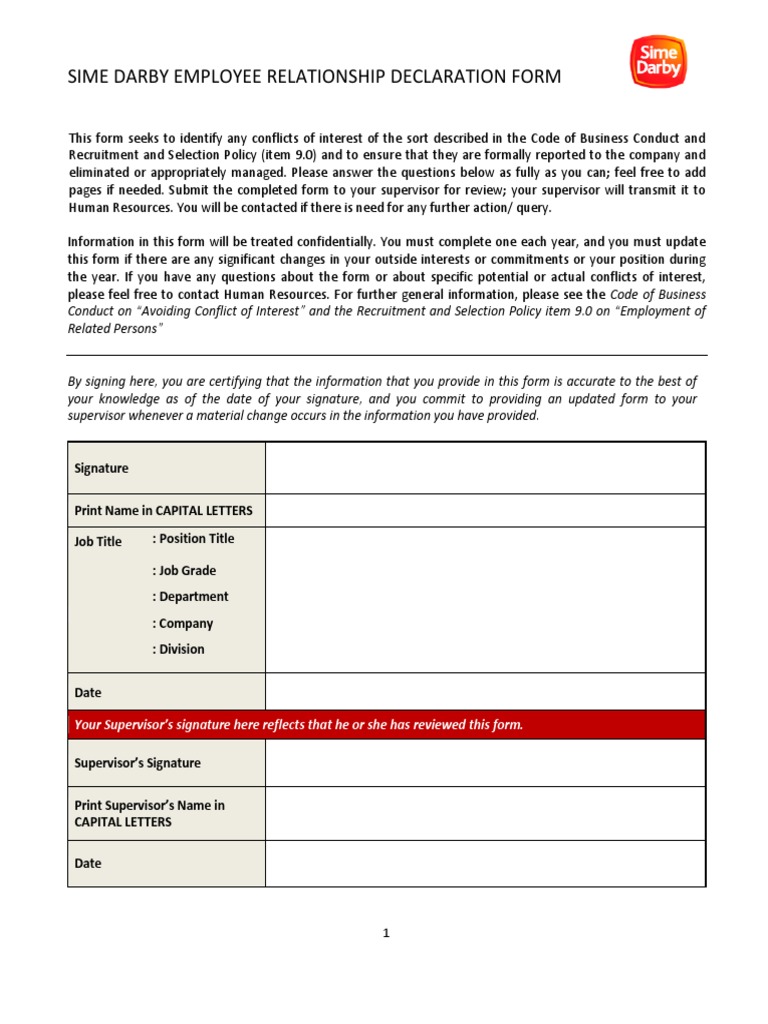 (D) Employee Relationship Declaration Form | PDF | Conflict Of Interest ...