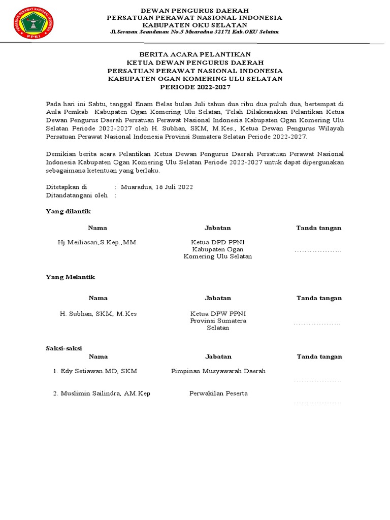 Berita Acara-Pelantikan Ketua DPD 2022-2027 | PDF