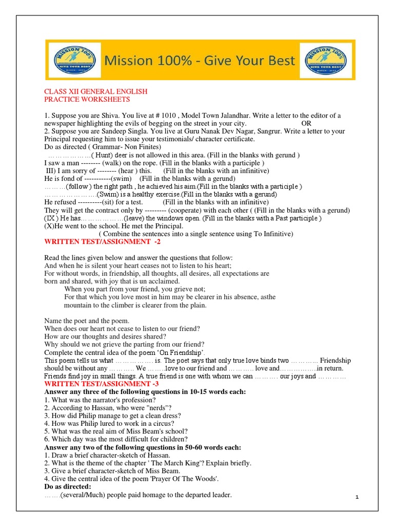 English Practice Worksheets for Class XII General Students | PDF | Punjab