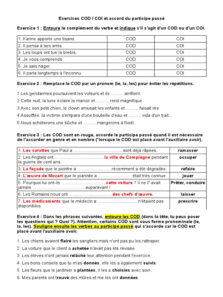 Exercices COD COI-fusionné | PDF | Complément d'objet | Grammaire