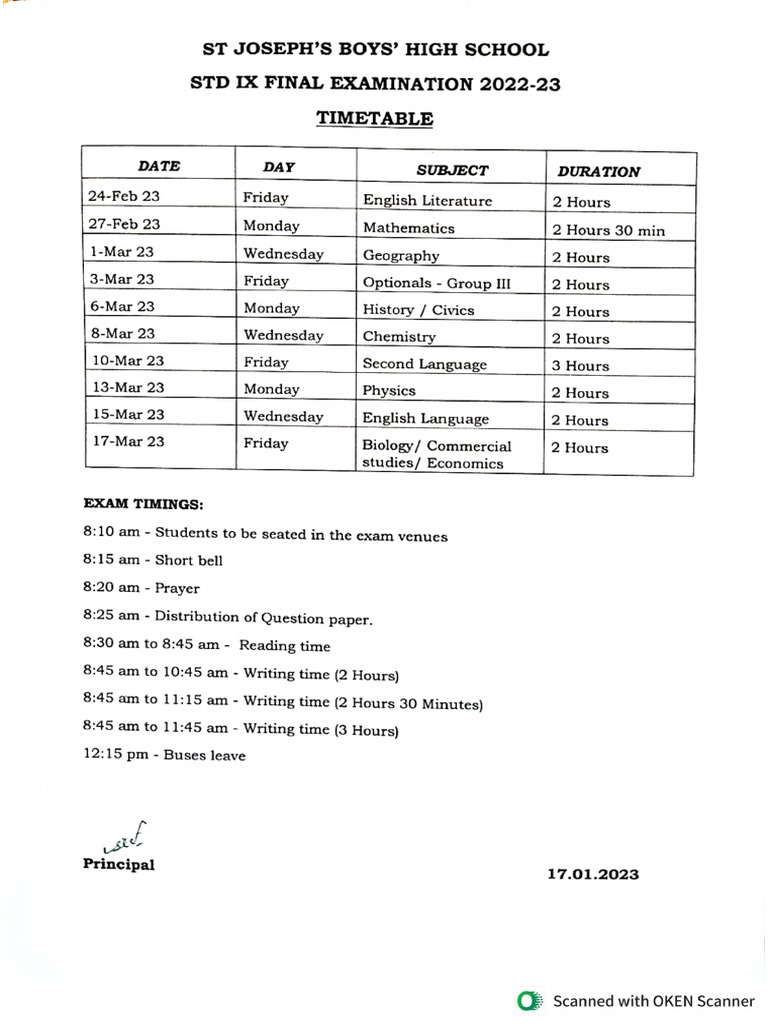 STD 9 Final Examination Timetable (2022-23) | PDF