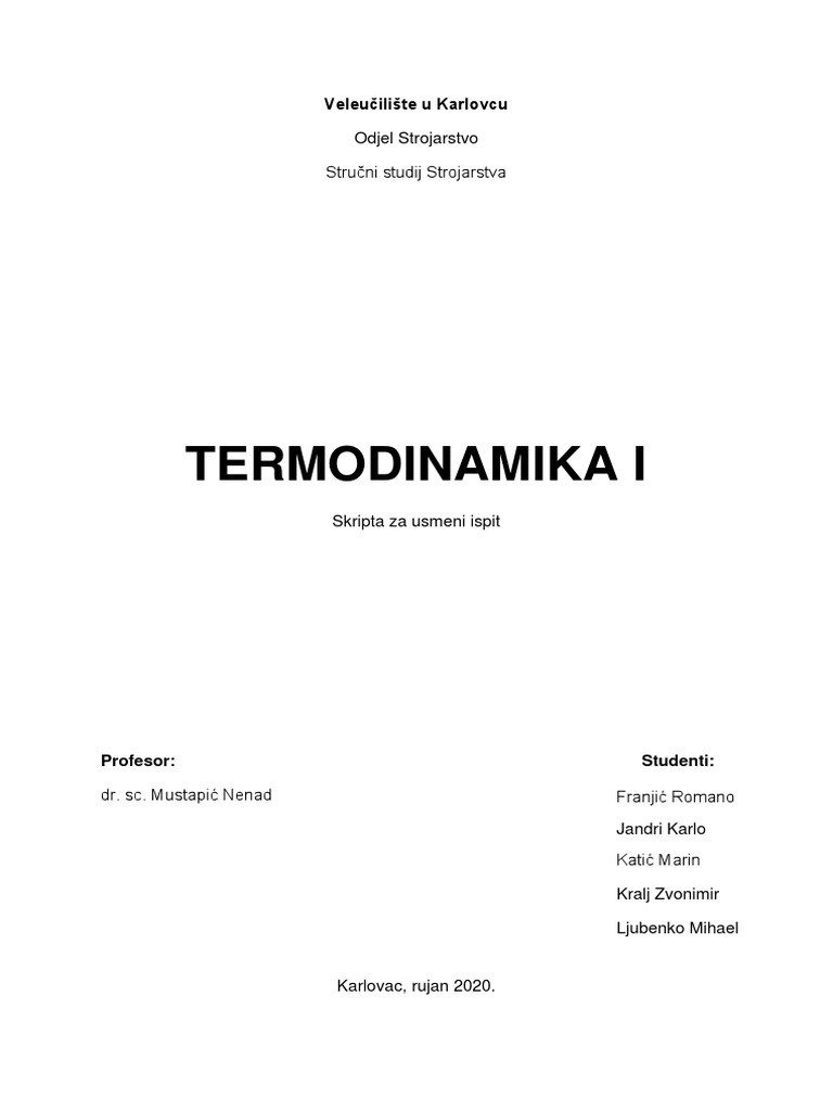 Termodinamika I - Skripta Za Usmeni Dio Ispita - 1, 2, 3, 4, 5, 6 Dio | PDF