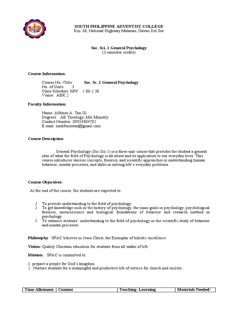 Course Outline - General Psychology MonWed | PDF | Lecture | Psychology