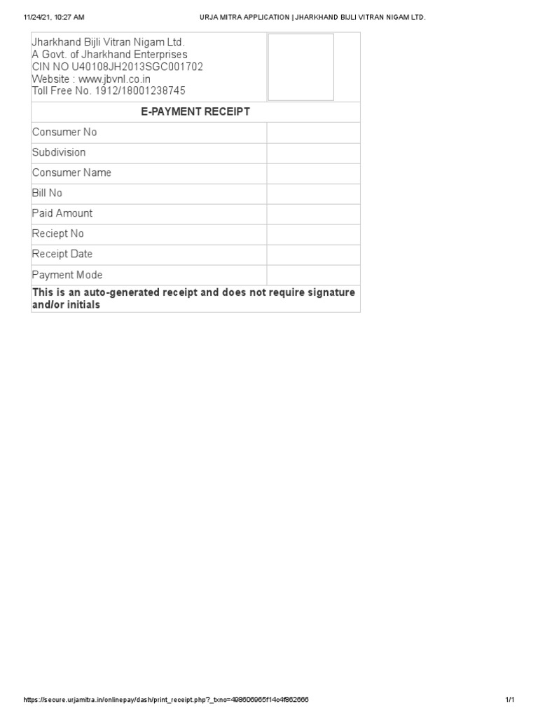 JBVNL Online Payment Receipt - APRIL | PDF