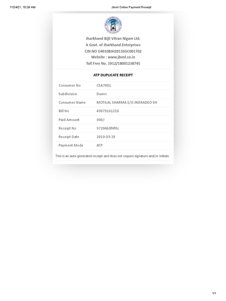 JBVNL Online Payment Receipt | PDF