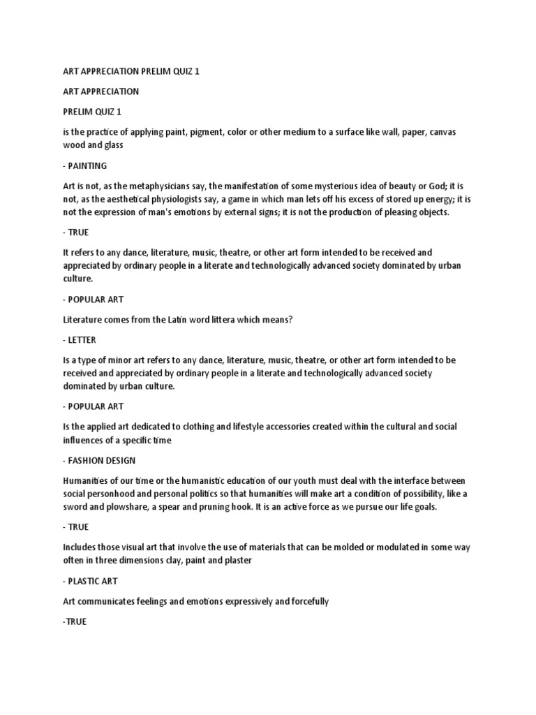 Art Appreciation Preliminary Quiz 1 | PDF | Art