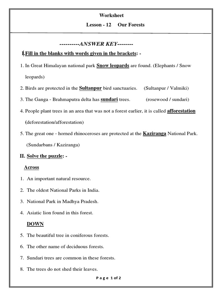 ANSWER KEY - : Worksheet Lesson - 12 Our Forests | PDF