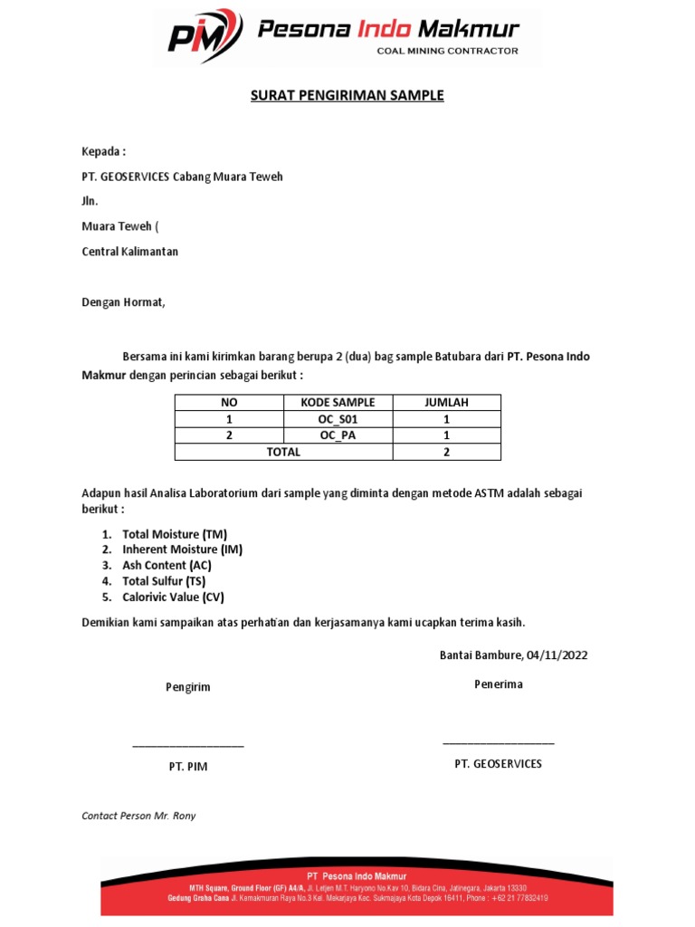Surat Pengiriman Sample | PDF