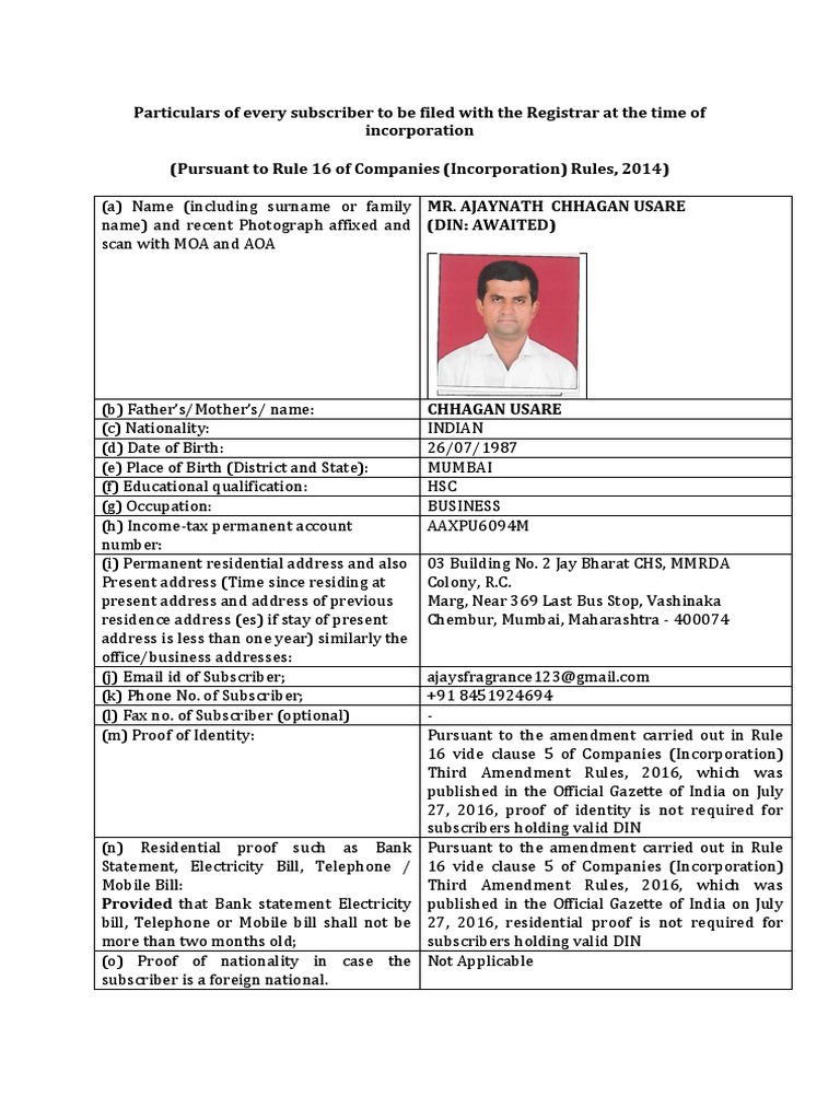 Particulars of Subscribers Rule 16 | PDF | Identity Document | Telephone