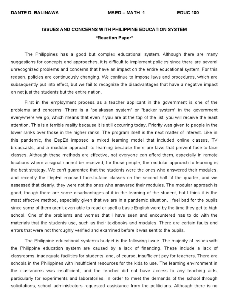 Issues and Concerns With Phil Educ System - Reaction | PDF | Teachers | Learning