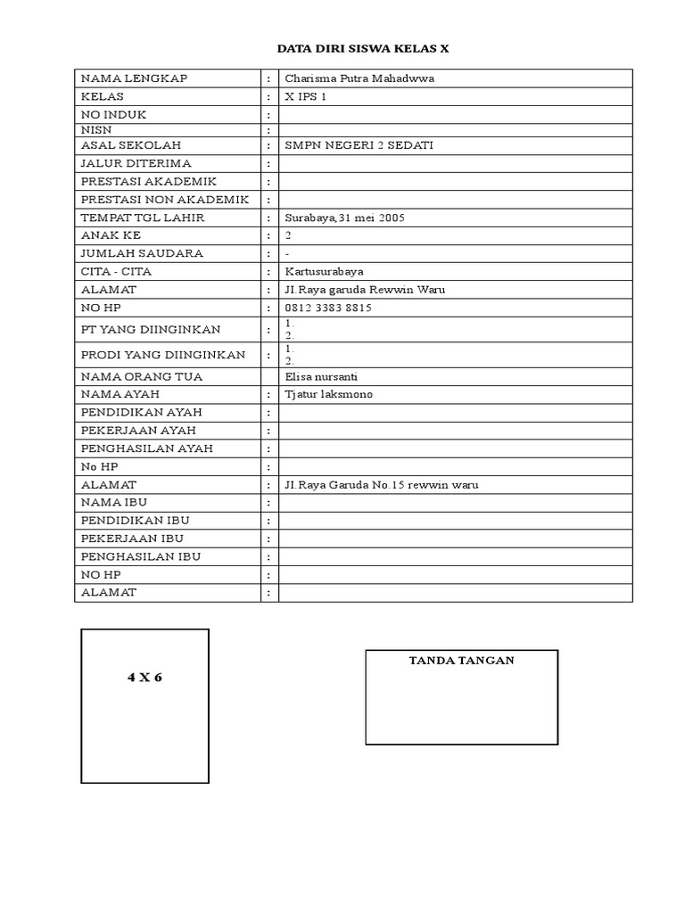 Data Diri Siswa Kelas X New | PDF