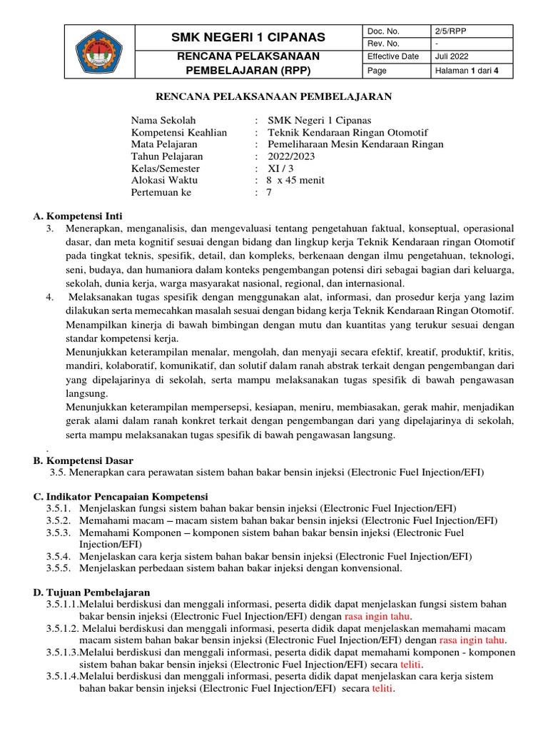 RPP 5. Menerapkan Cara Perawatan Sistem Bahan Bakar Bensin Injeksi EFI | PDF