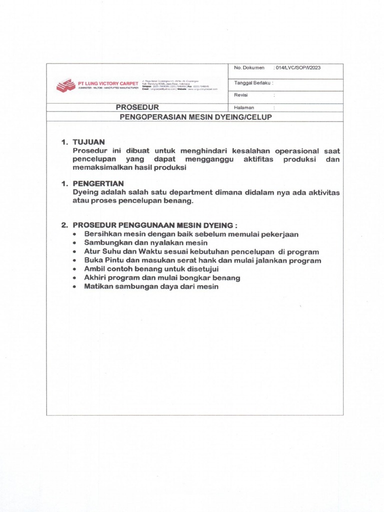 Sop Pengoperasian Mesin Dyeing | PDF