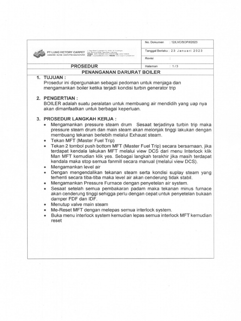 Sop Penanganan Darurat Boiler | PDF