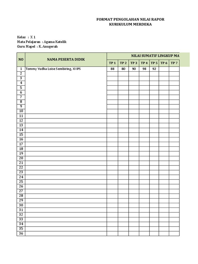 Format Penilaian Rapor KURIKULUM MERDEKA Tommy | PDF