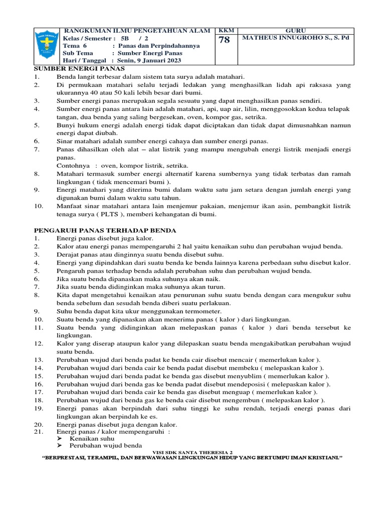 Rangkuman Ipa Tema 6 Kelas 5B Tahun 2022 - 2023 | PDF