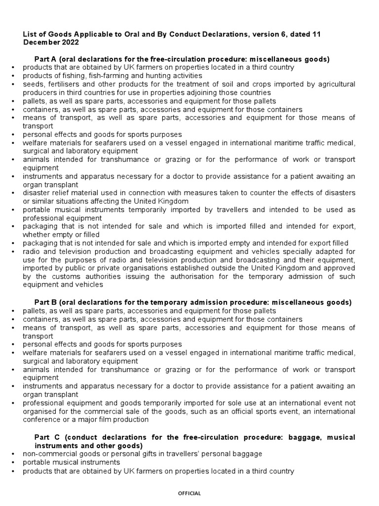 List of Goods Applicable To Oral and by Conduct Declarations Version 6 Dated 11 December 2022 ...