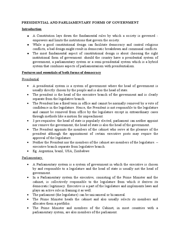 Presidential vs. Parliamentary Government | PDF | World Politics ...