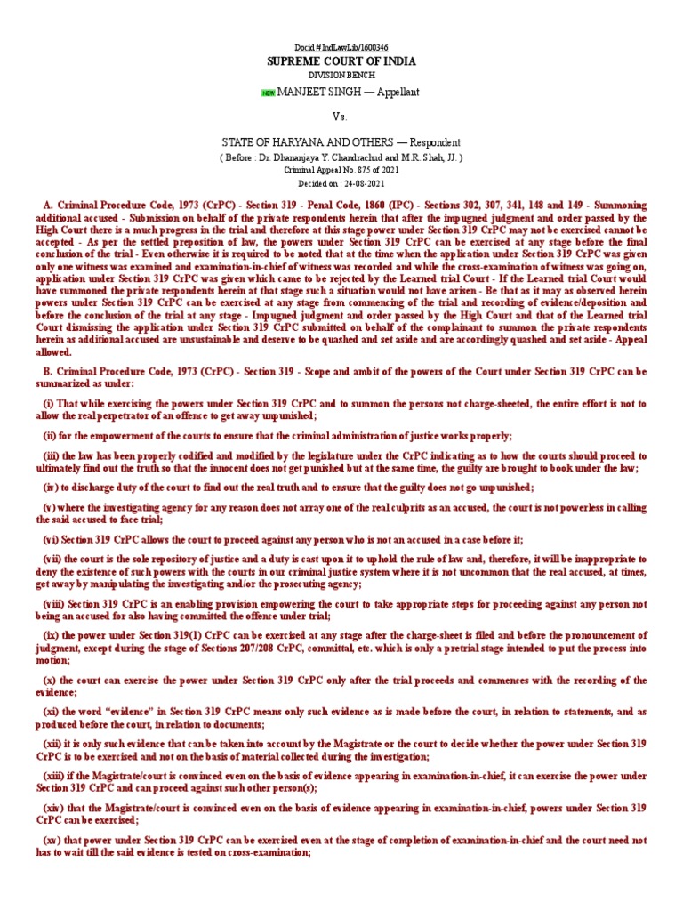 Scope and Ambit of Sec 319 CRPC (24-08-2021) | PDF | Presumption Of Innocence | Trials