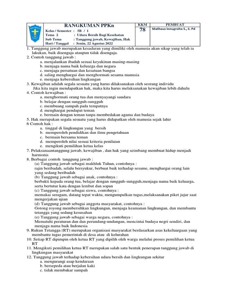 RANGKUMAN PKN TEMA 2 KELAS 5B TAHUN 2022 - 2023 | PDF