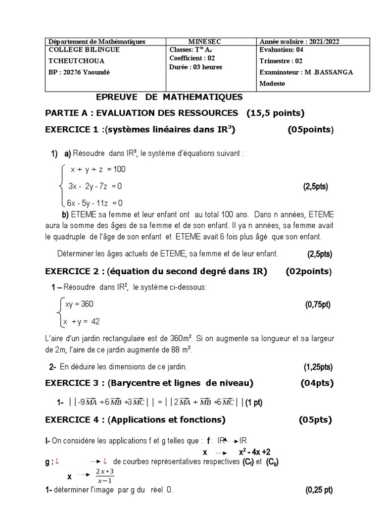 Évaluation de Mathématiques 2nde A4 | PDF | Fonction (Mathématiques ...