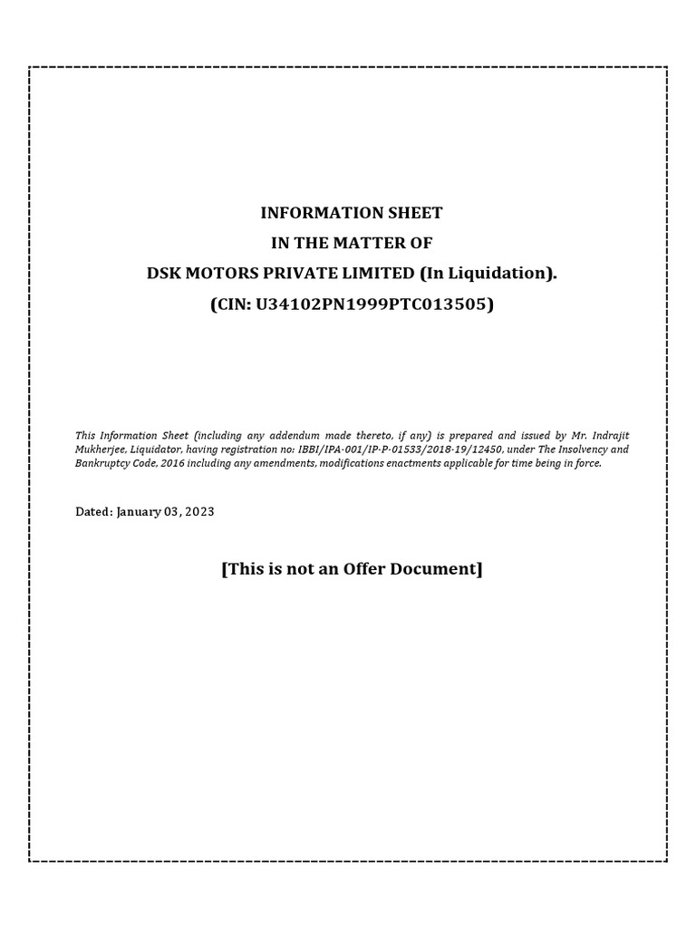 DSK Motors Liquidation Information Sheet | PDF | Bankruptcy | Auction