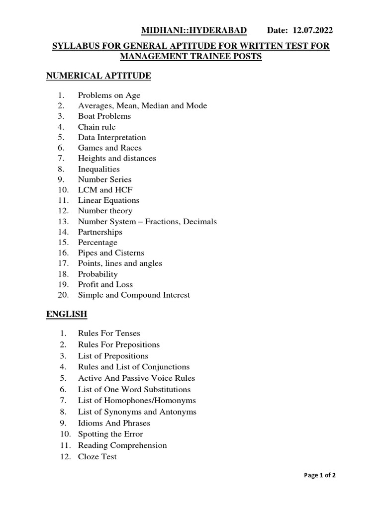 Syllabus For General Aptitude For Written Test For Management Trainee ...
