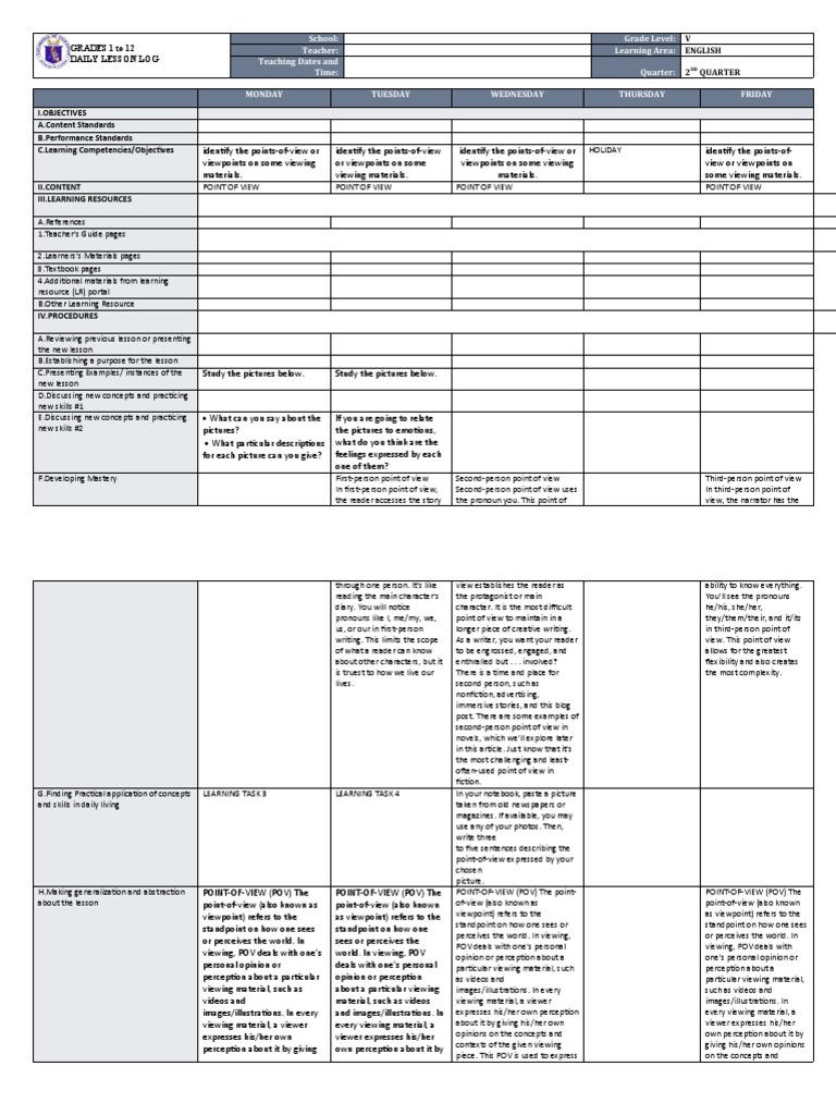DLL - English 5 - Q2 - W5 | PDF | Narration | Cognition