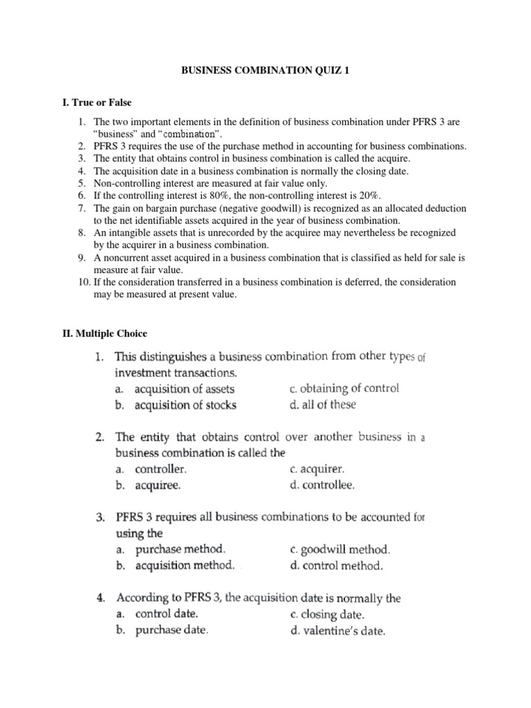 Business Combination Quiz 1 | PDF | Finance & Money Management