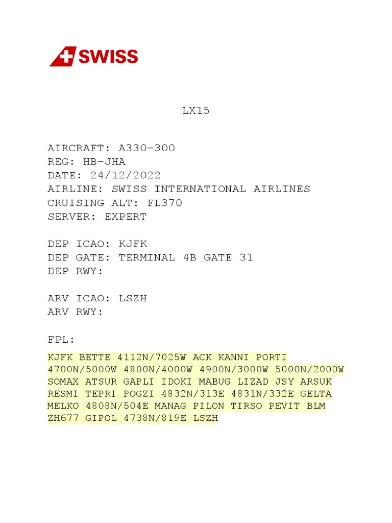 Flight details for Swiss International Airlines flight LX15 from New ...