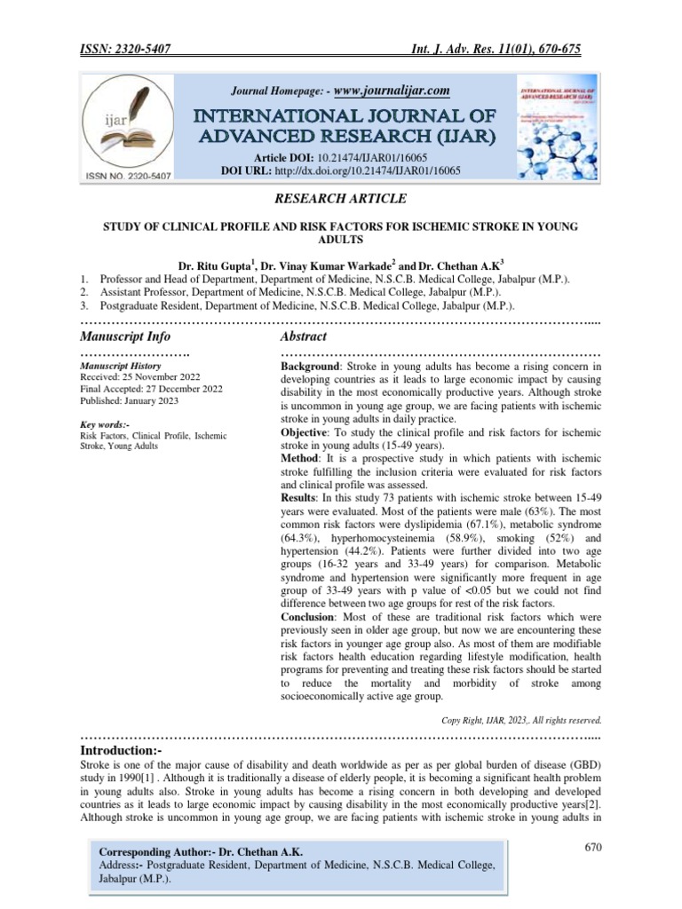 Study of Clinical Profile and Risk Factors For Ischemic Stroke in Young ...