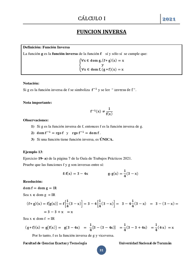 Calculo I - Funcion Inversa - Unt - 2021 | PDF | Función (Matemáticas ...
